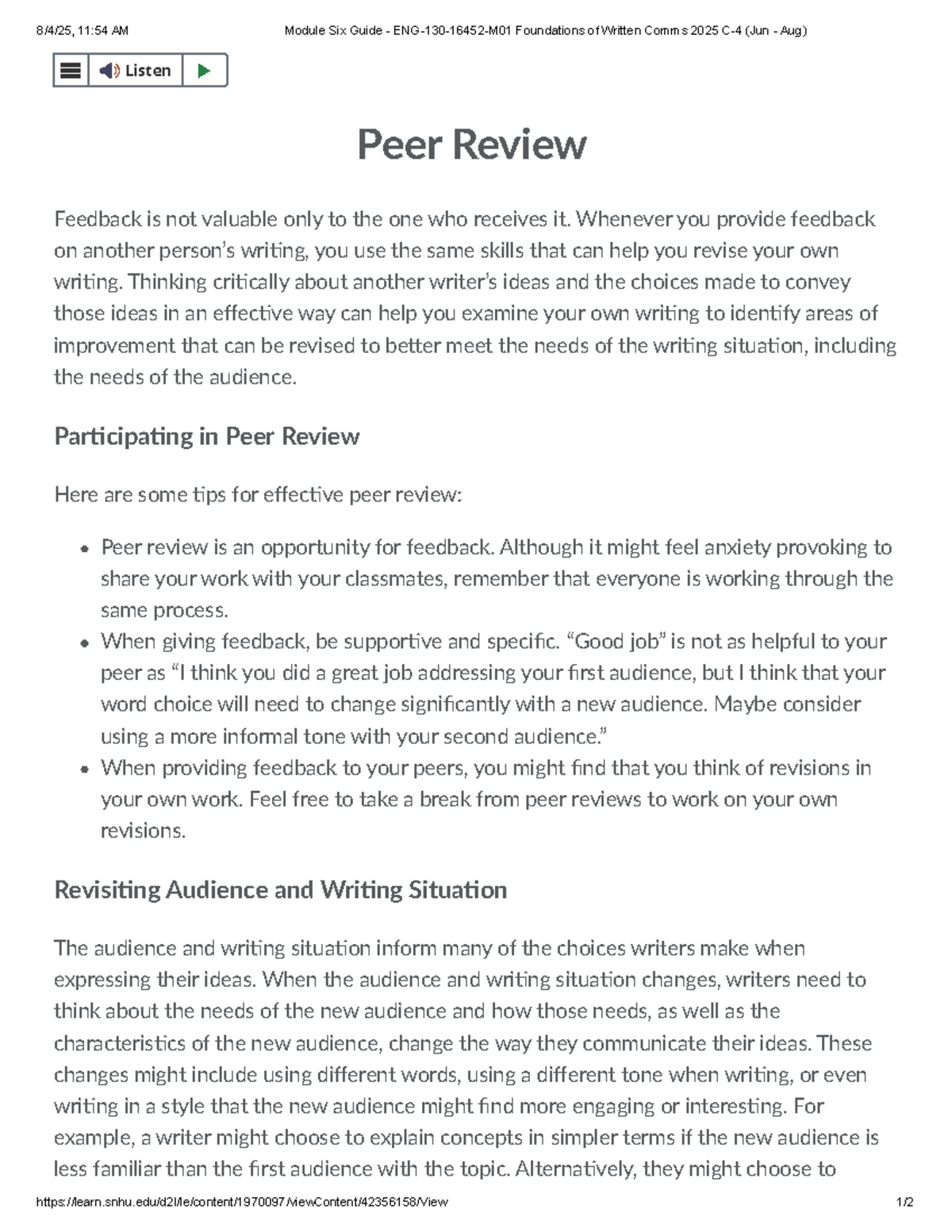 Module Six Guide - ENG-130-16452-M01 Peer Review in Written Comms - Studocu