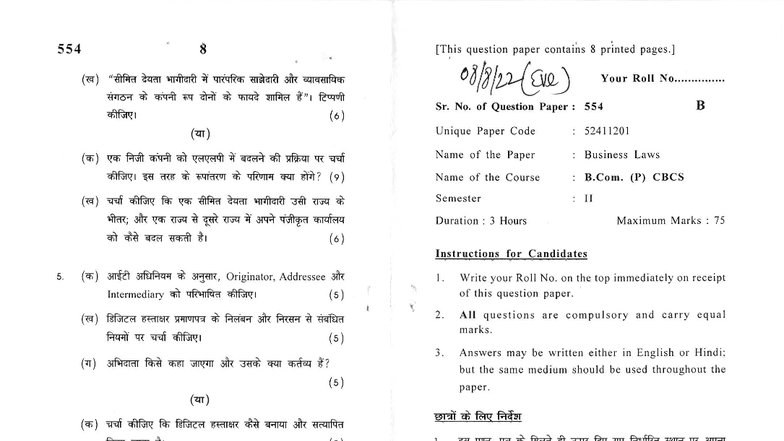 B.Com. (P) Business Laws Sem II Question Paper 554 - 75 Marks - Studocu