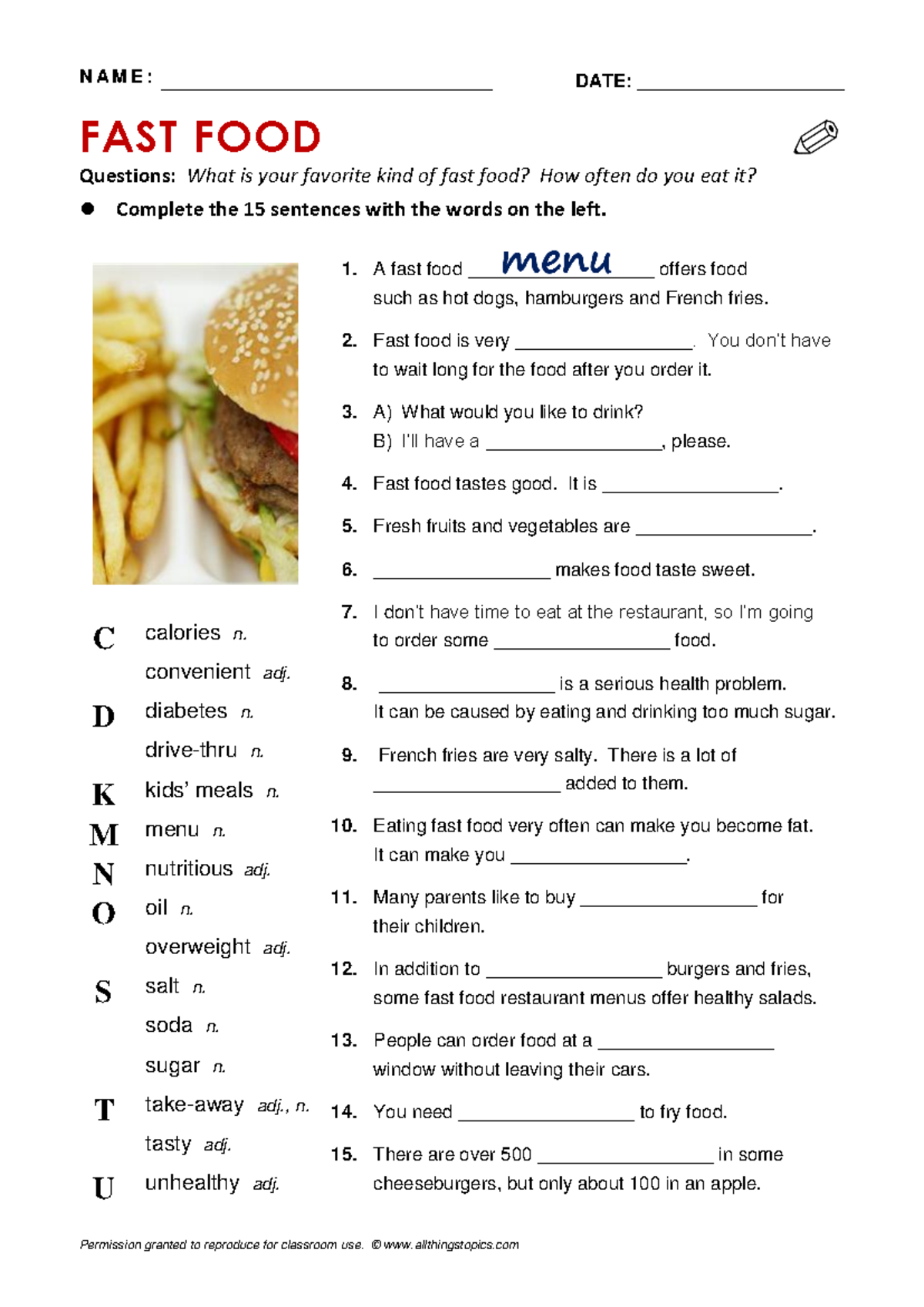 Fast Food Vocabulary Exercise - Wordbank-15 Activity - Studocu