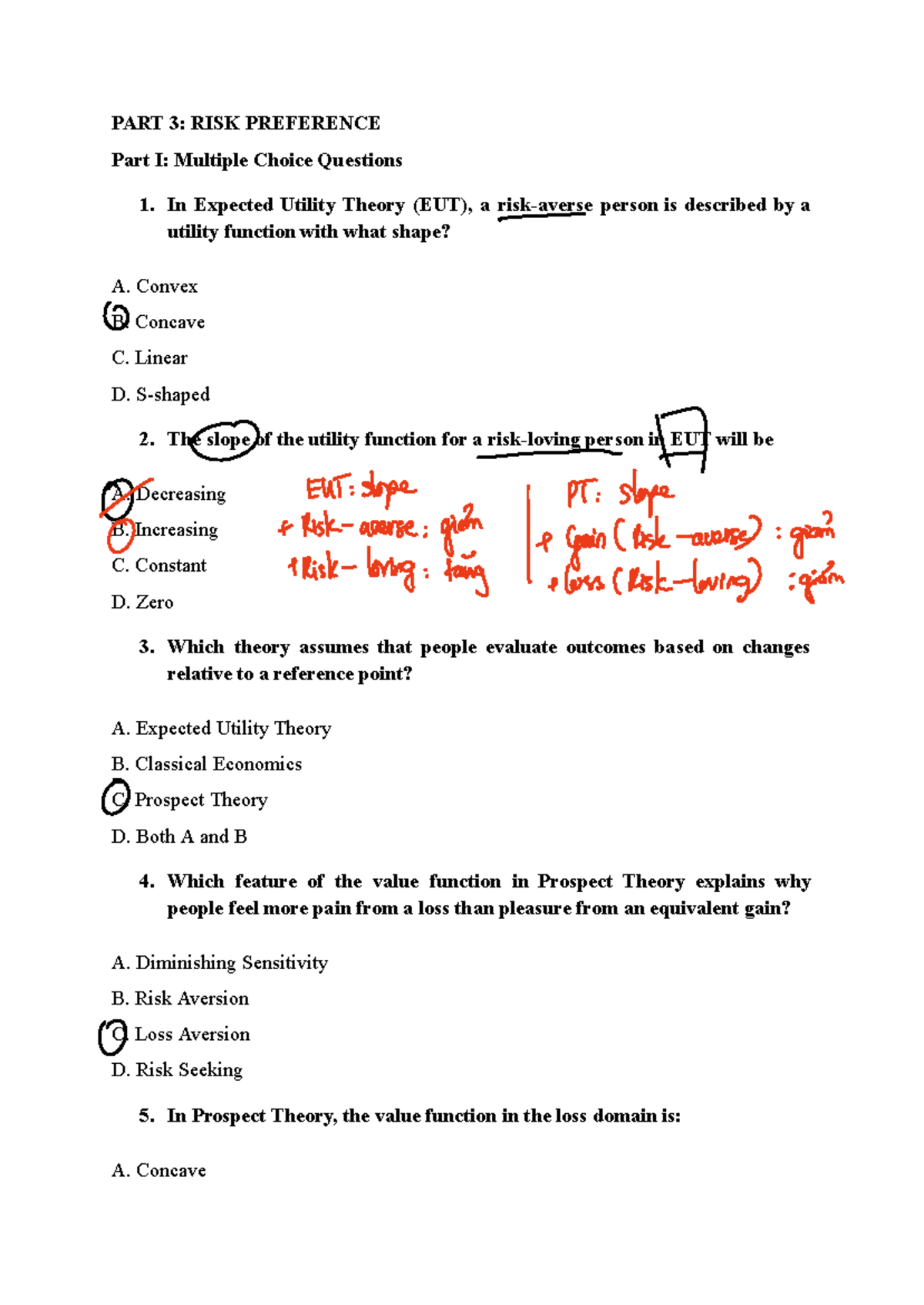 Homework Chapter: Risk Preference MCQs (EUT & Prospect Theory) - Studocu