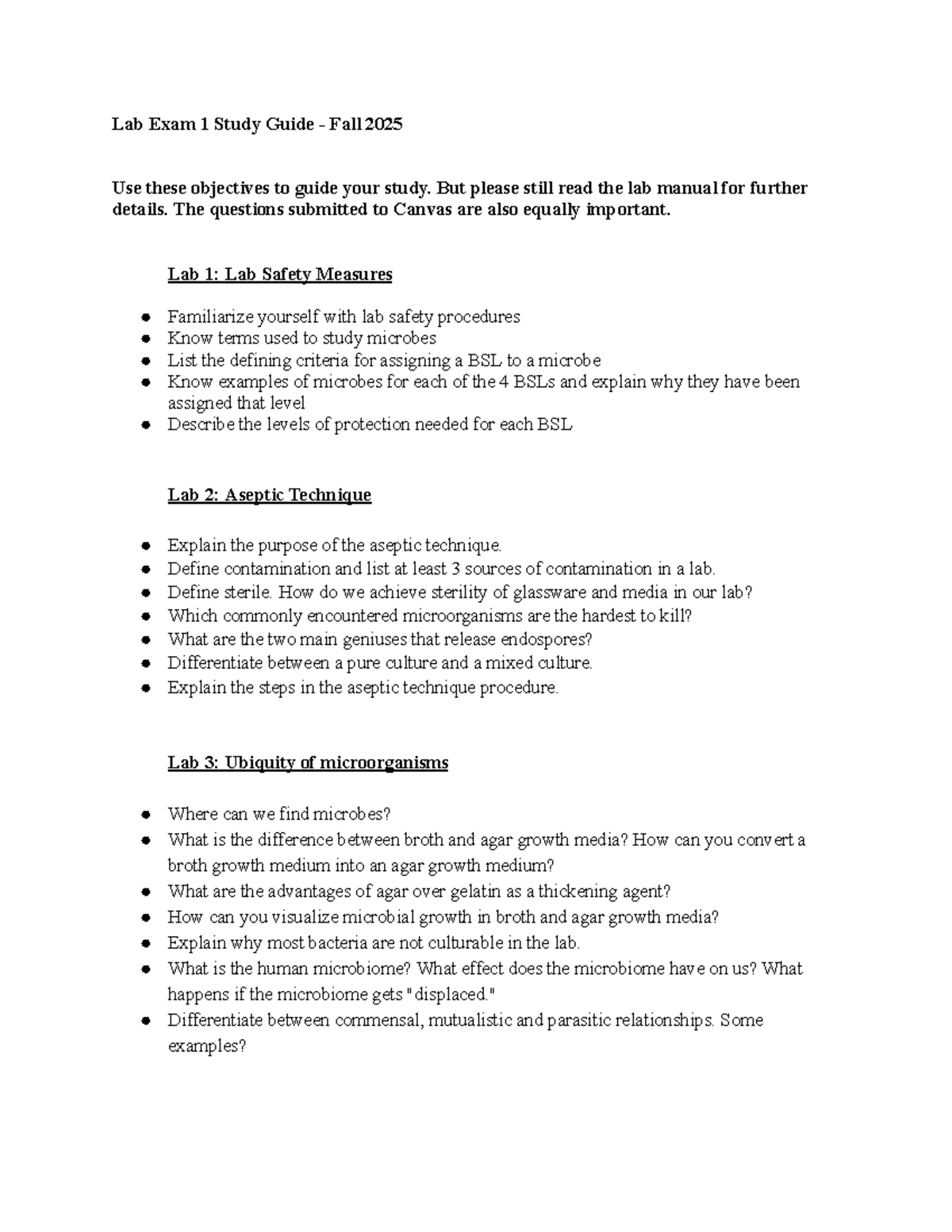 Lab Exam 1 Study Guide - Microbiology (Fall 2025) - Studocu