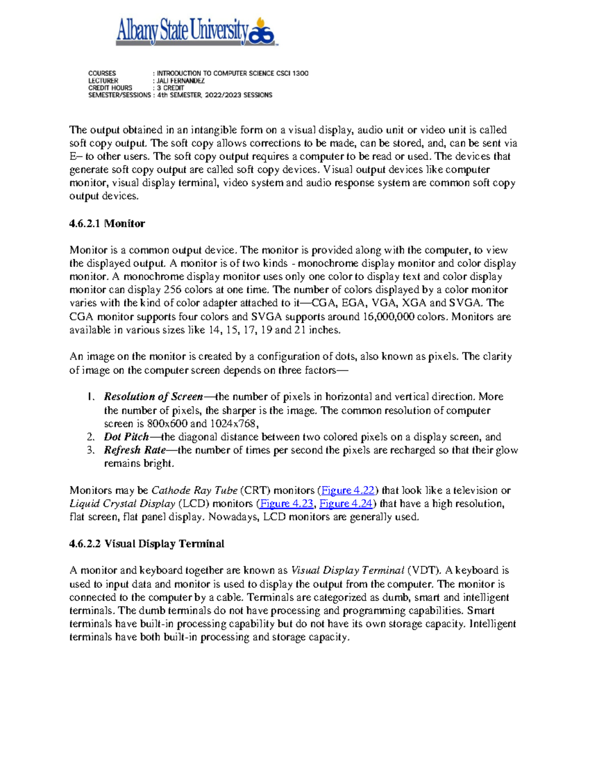 CSCI 1300 Lecture Notes: Understanding Soft Copy Output & I/O Devices ...