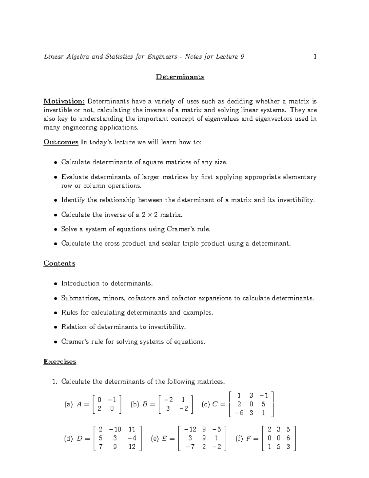 Linear Algebra and Statistics for Engineers - Lecture 9 Notes on ...