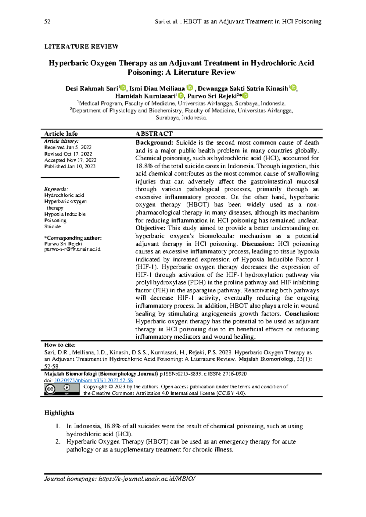 HBOT as Adjuvant Therapy in HCl Poisoning: A Literature Review - Studocu