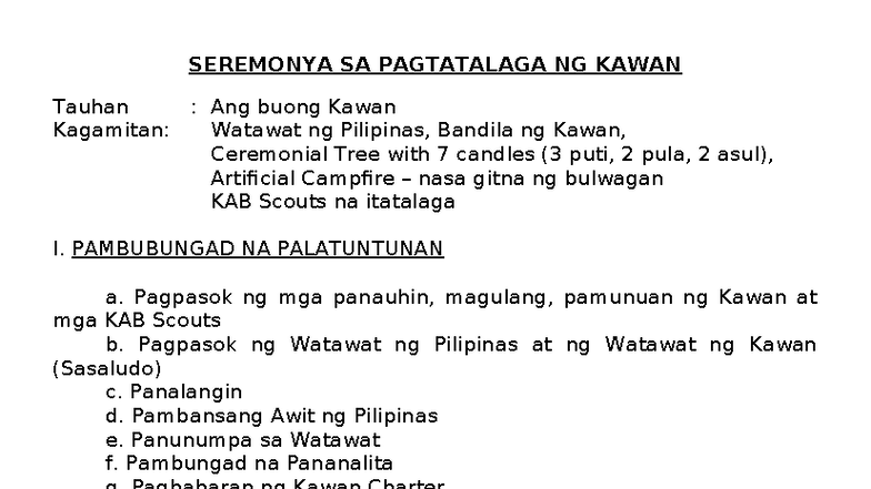 KAB 101: Script for Investiture Ceremony of KAB and BOY Scouts - Studocu