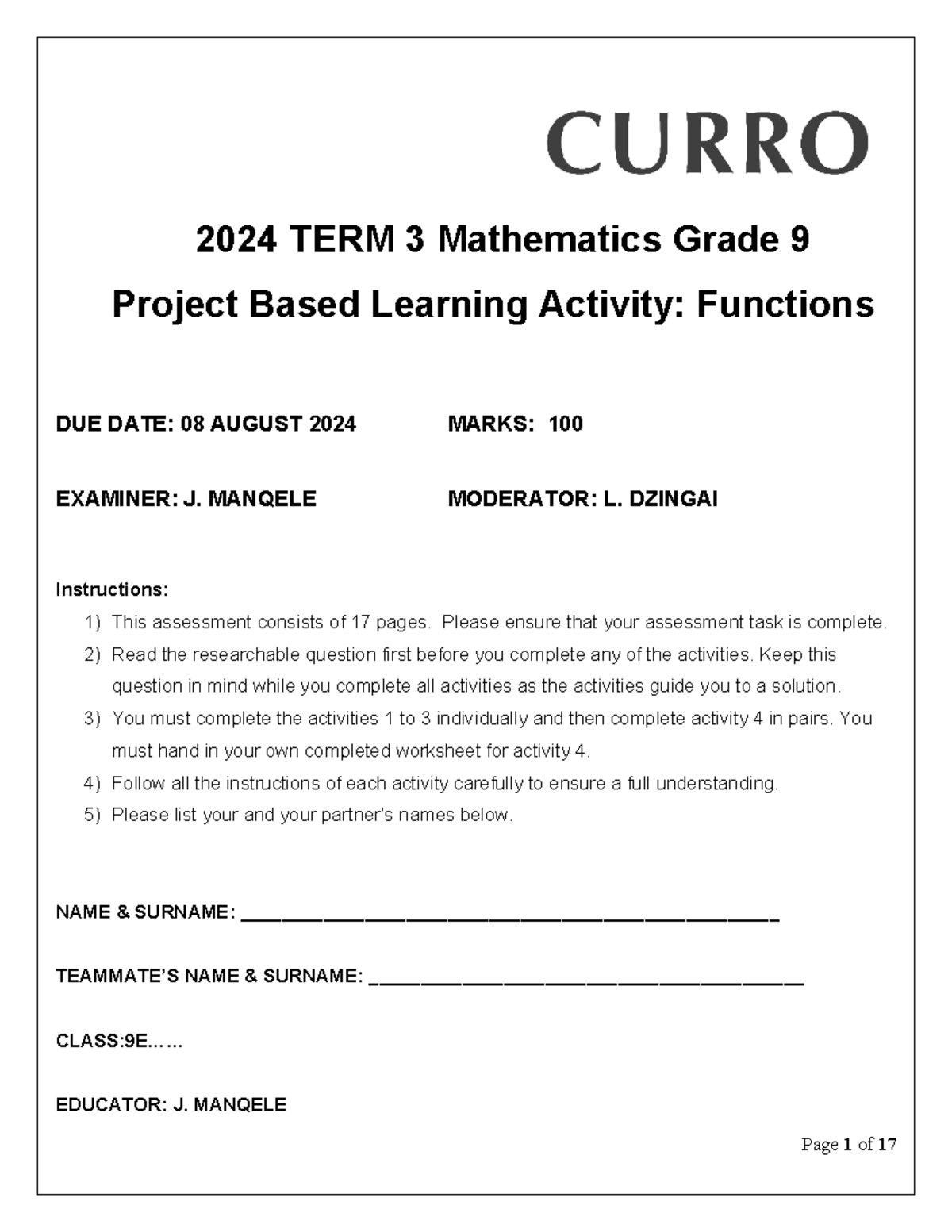 Mathematics Term 3 Project: Functions Assessment for Grade 9 - Studocu