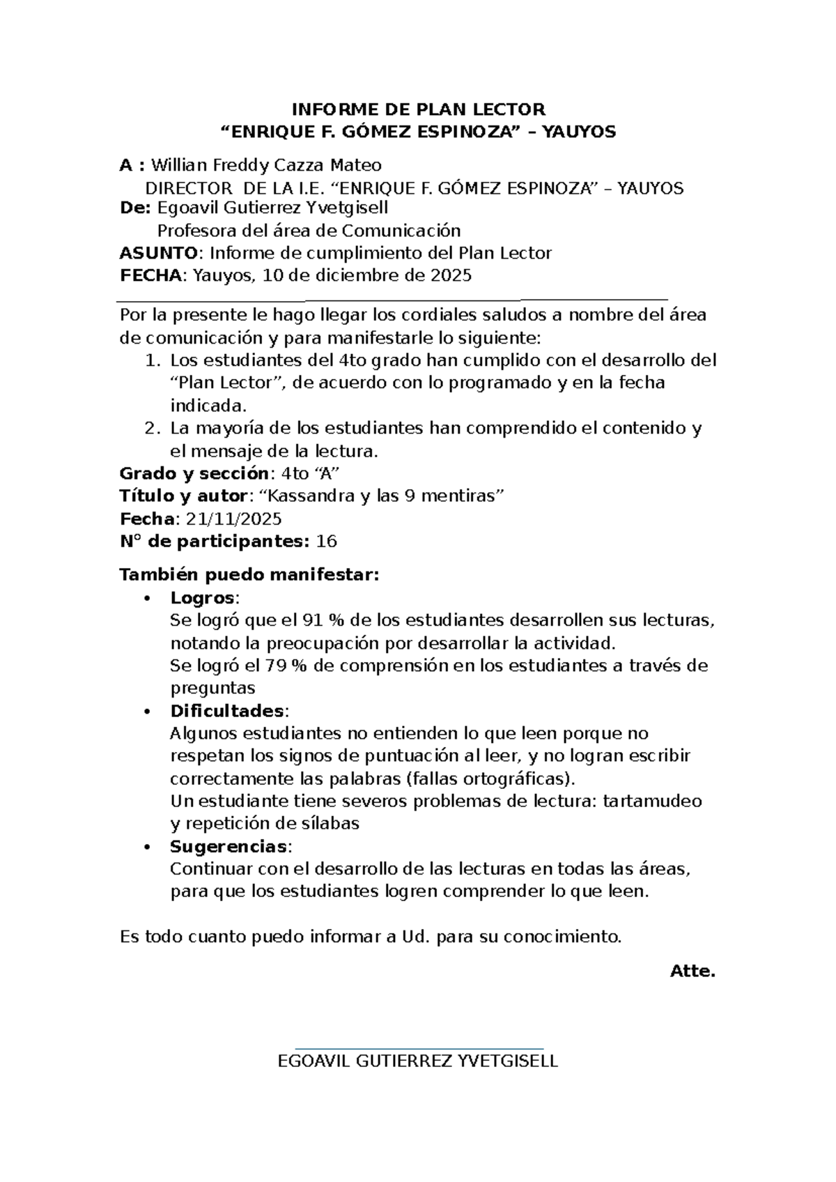 Informe de Cumplimiento del Plan Lector - 4to Grado - Studocu