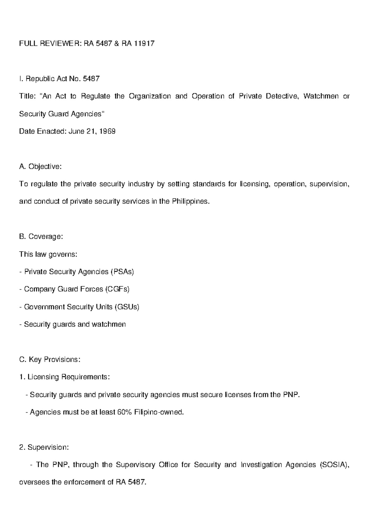 RA 5487 & RA 11917: Overview of Private Security Regulations - Studocu