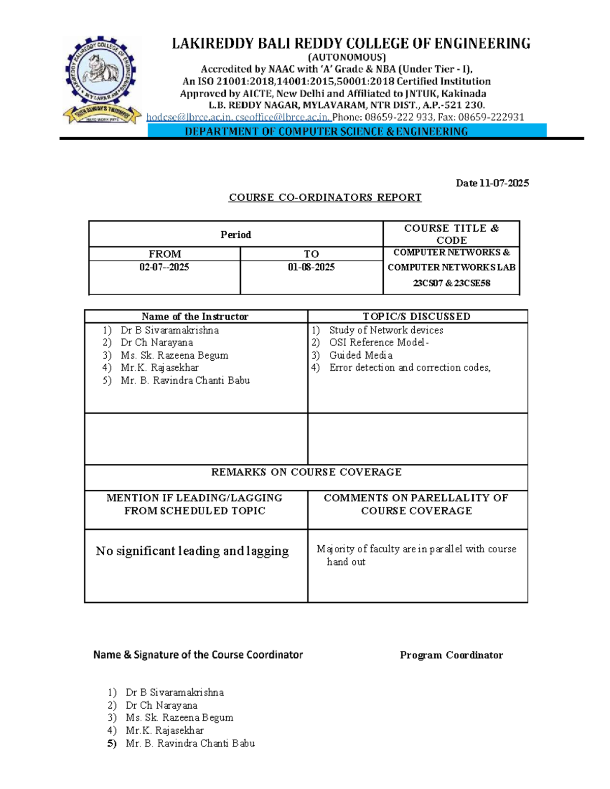Course Report: Computer Networks & Lab 23CS07/23CSE58 - Studocu