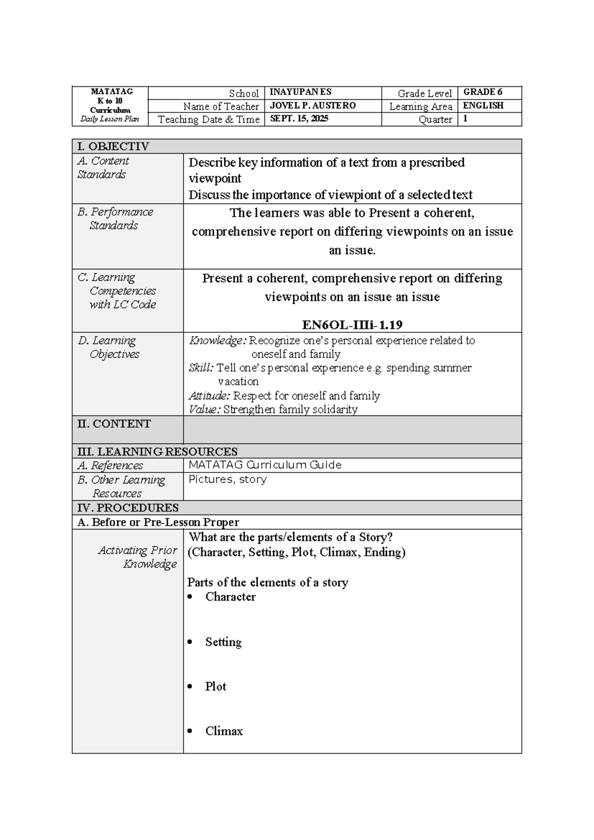 MATATAG K to 10 Curriculum Daily Lesson Plan: Language Lesson Exemplar ...