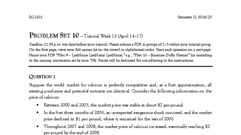 Problem Set 10 - EC2101 Tutorial Week 13 - Studocu