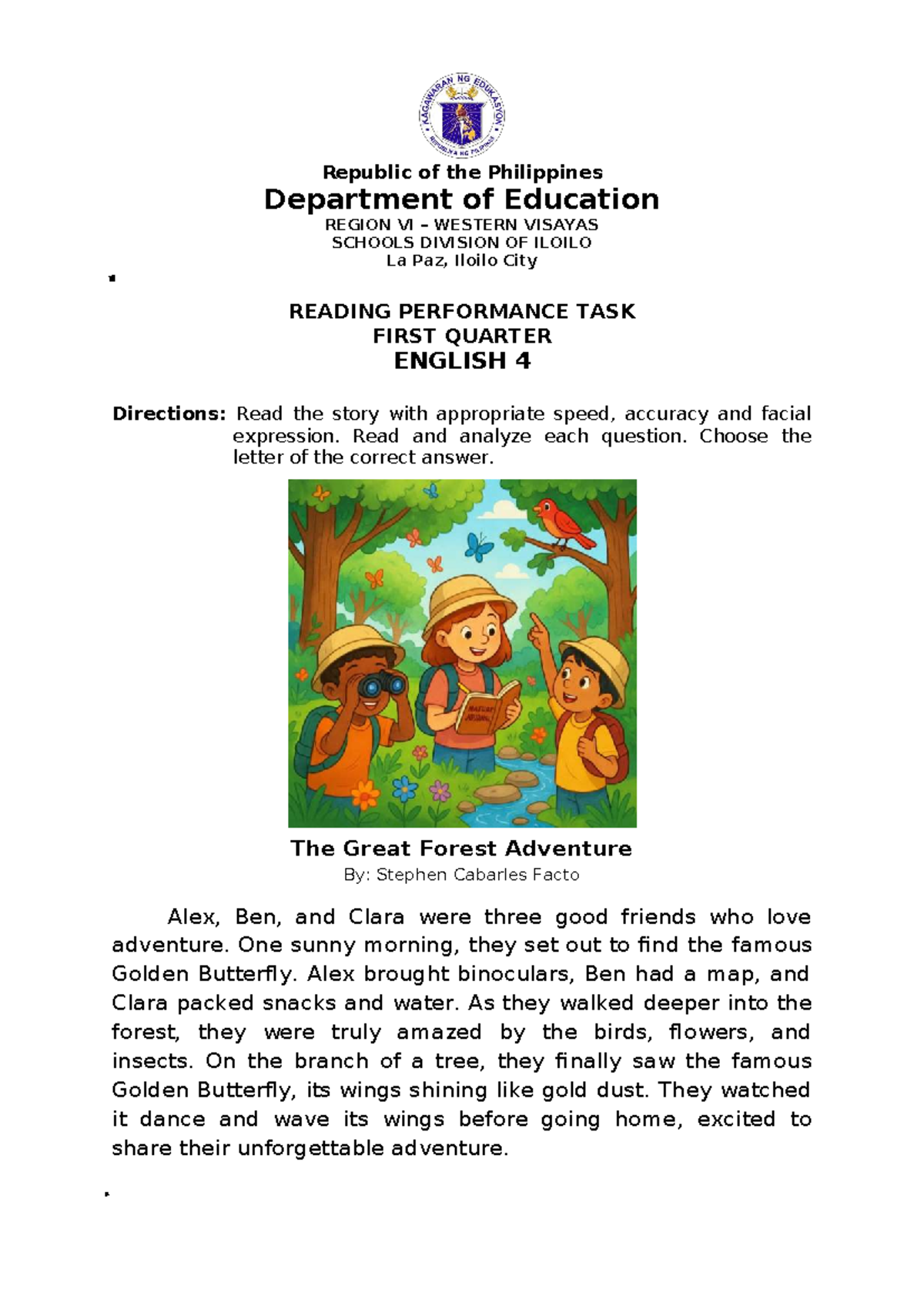 RPT: Reading Performance Task for Grade 4 English - Studocu