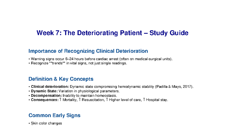Week 7: Deteriorating Patient Study Guide - Recognizing Warning Signs ...