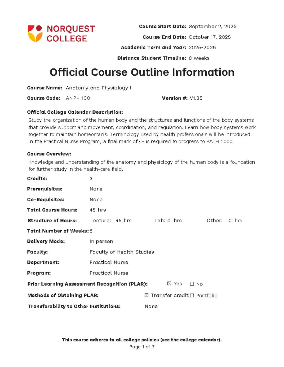 ANPH 1001 Anatomy and Physiology I Course Outline V1 - Studocu