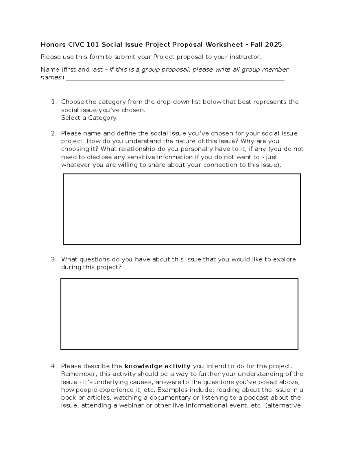 Honors CIVC 101 Social Issue Project Proposal Worksheet - Fall 2025 ...