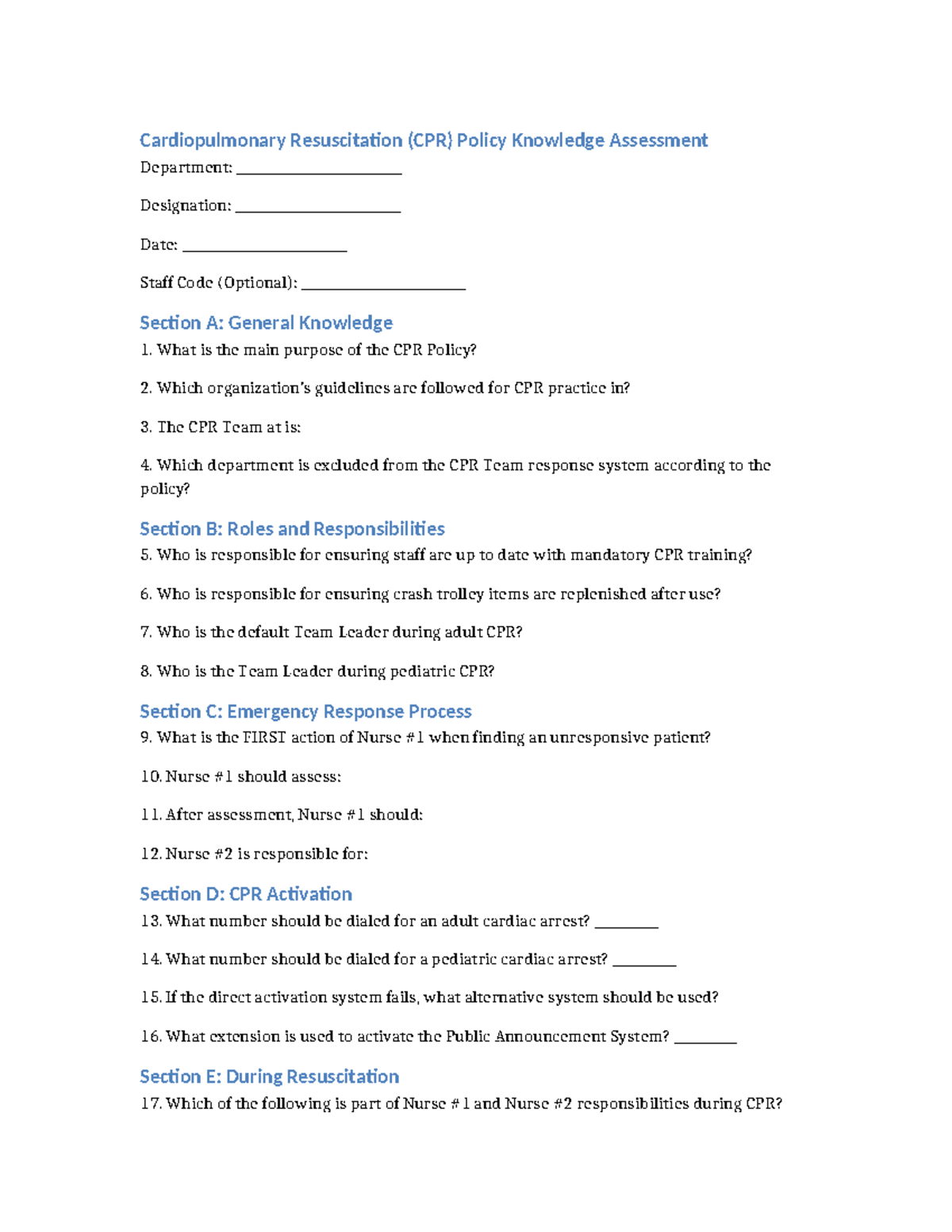 CPR Policy Knowledge Assessment: Staff Training & Responsibilities ...