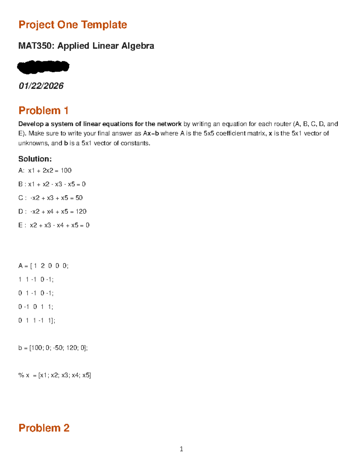 Project One Template MAT350: Applied Linear Algebra Solutions - Studocu