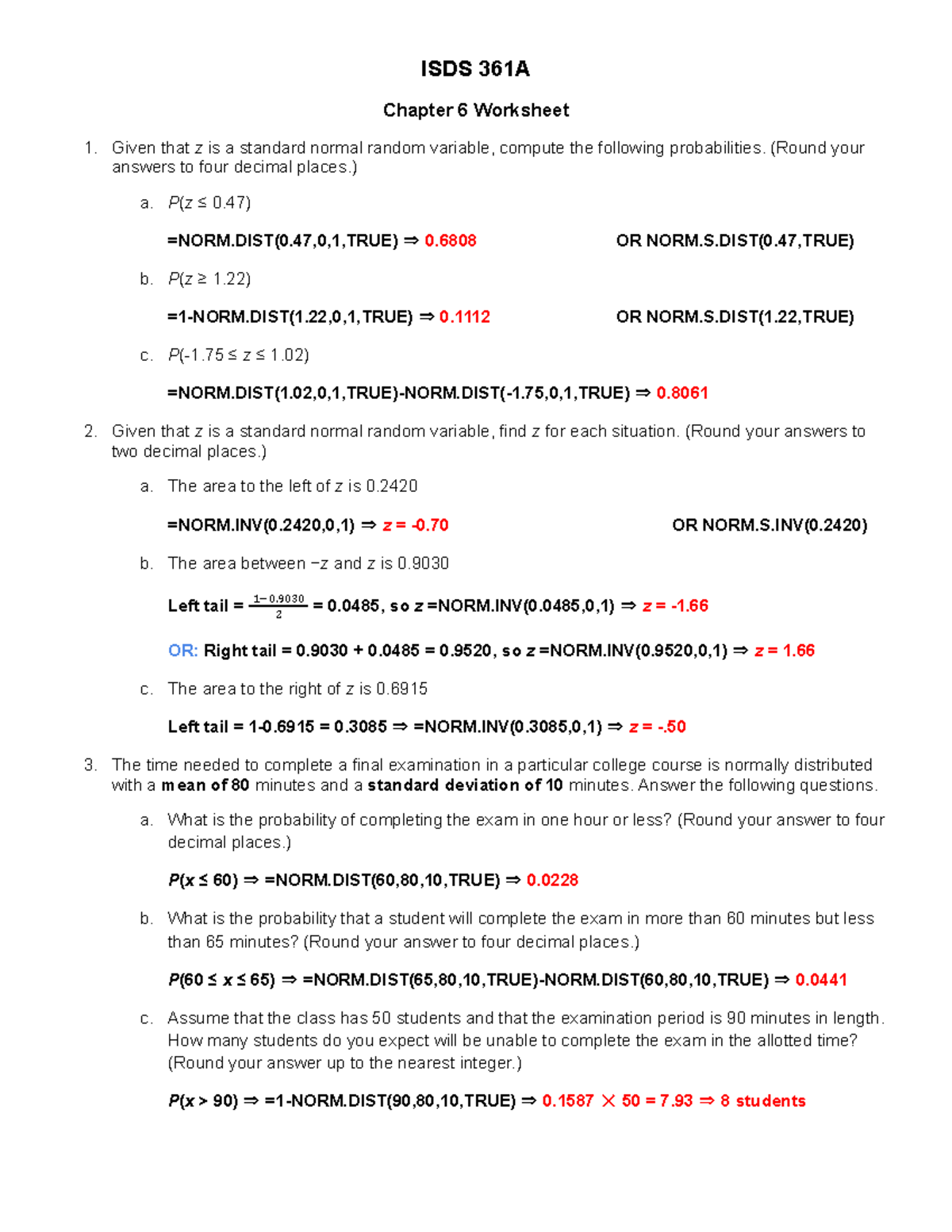 ISDS 361A Ch 6 WKST Solved - Normal Distribution Practices - Studocu