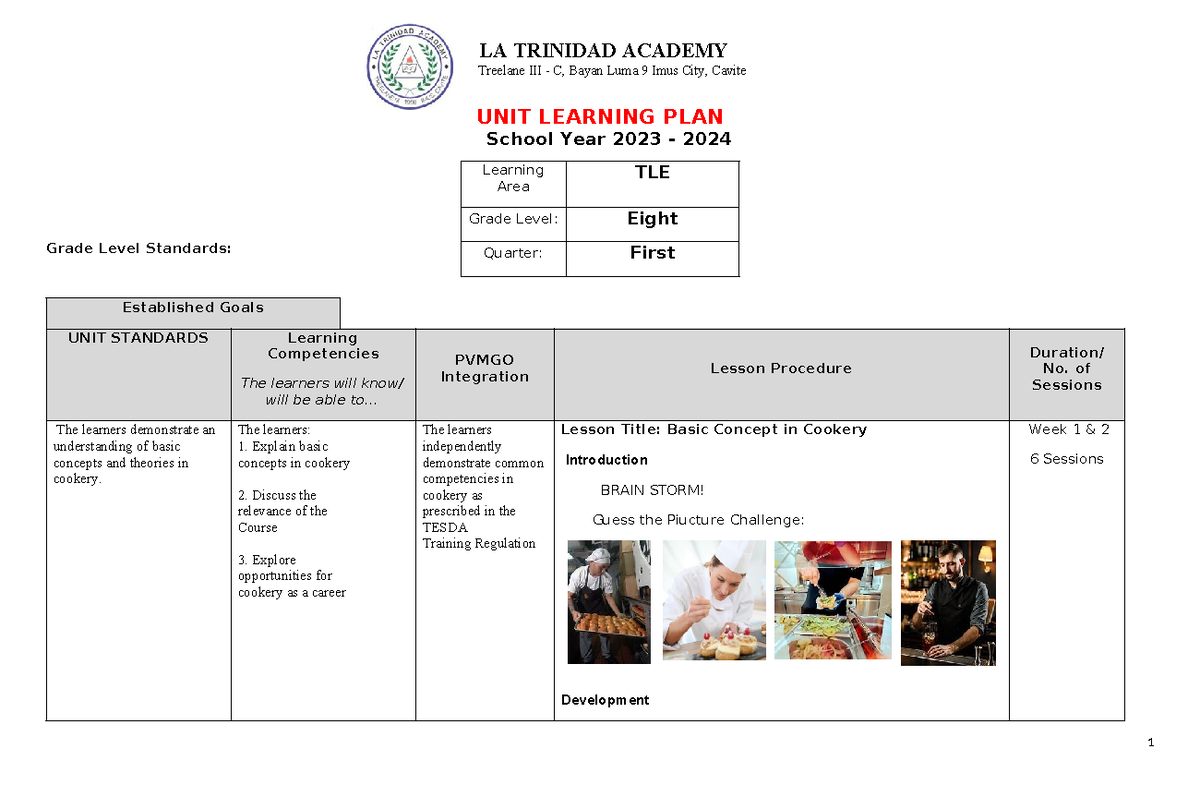 ULP TLE8 Q1 - Guide for Learning Plan - UNIT LEARNING PLAN School Year ...