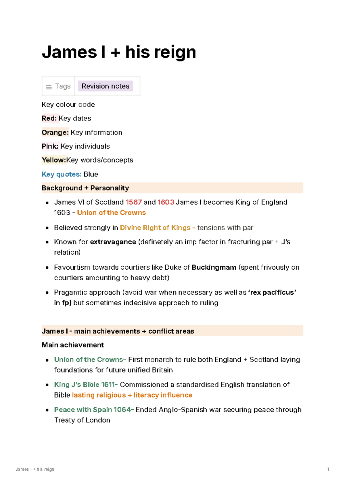 James I: Class Notes on Reign and Relationship with Parliament - Studocu