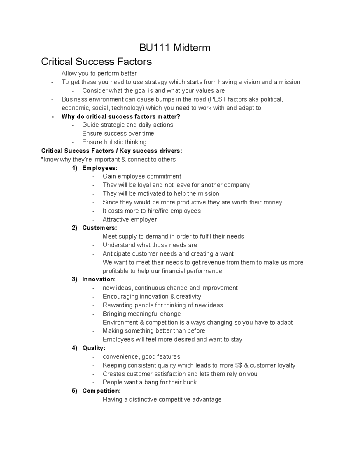 BU111 Midterm Study Notes - BU111 Midterm Critical Success Factors ...