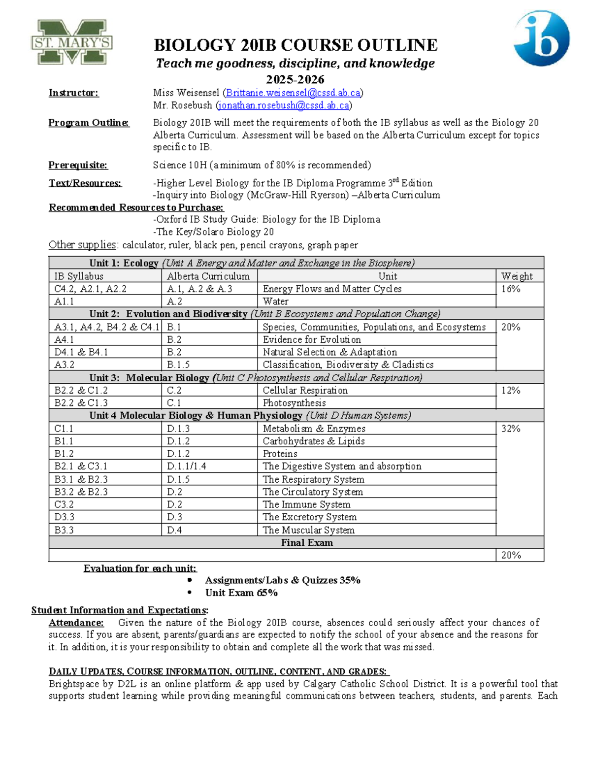 BIOLOGY 20IB COURSE OUTLINE 2025-2026 (Semester 2) - Studocu