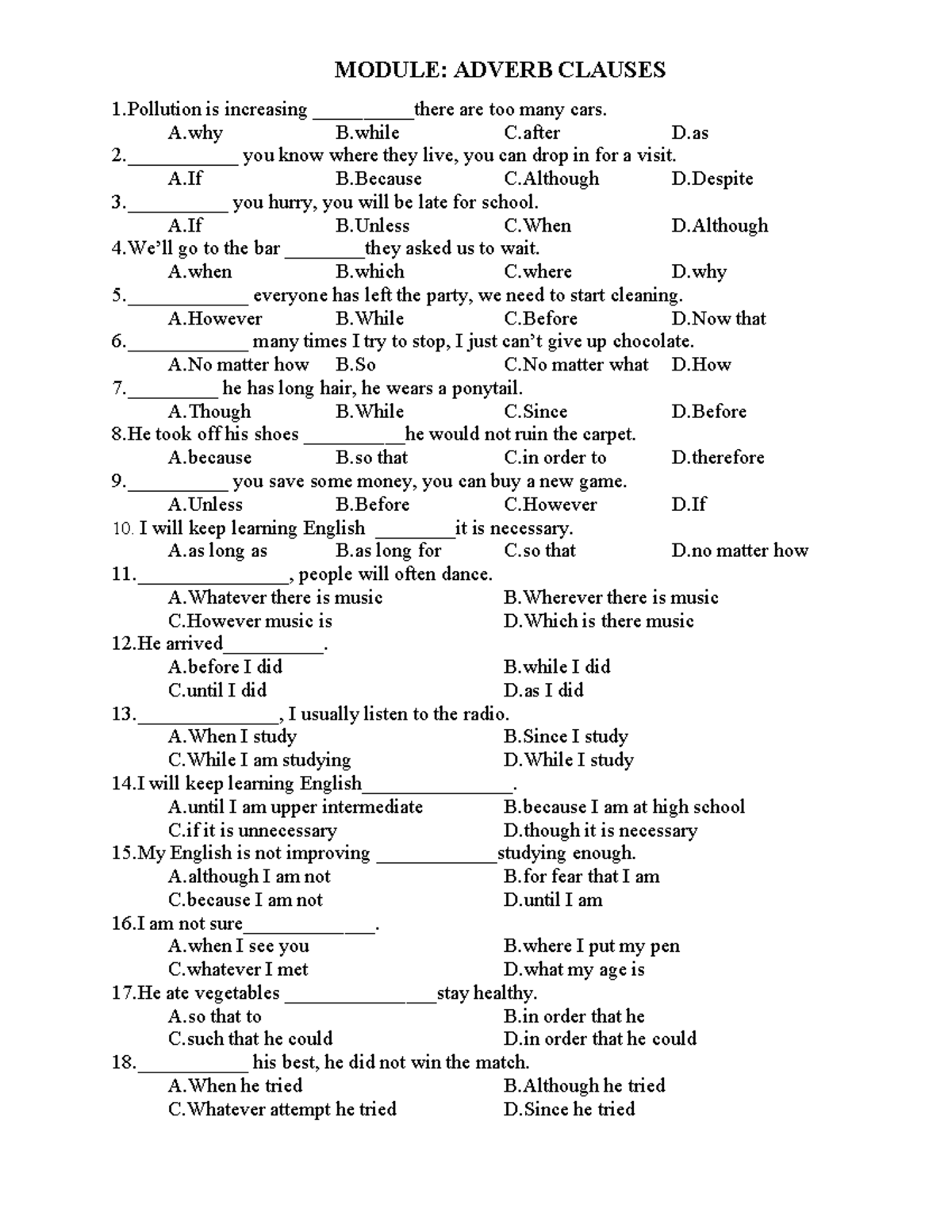 Adverb Clauses Study Guide: MODULE 1 - Exercises & Answers - Studocu