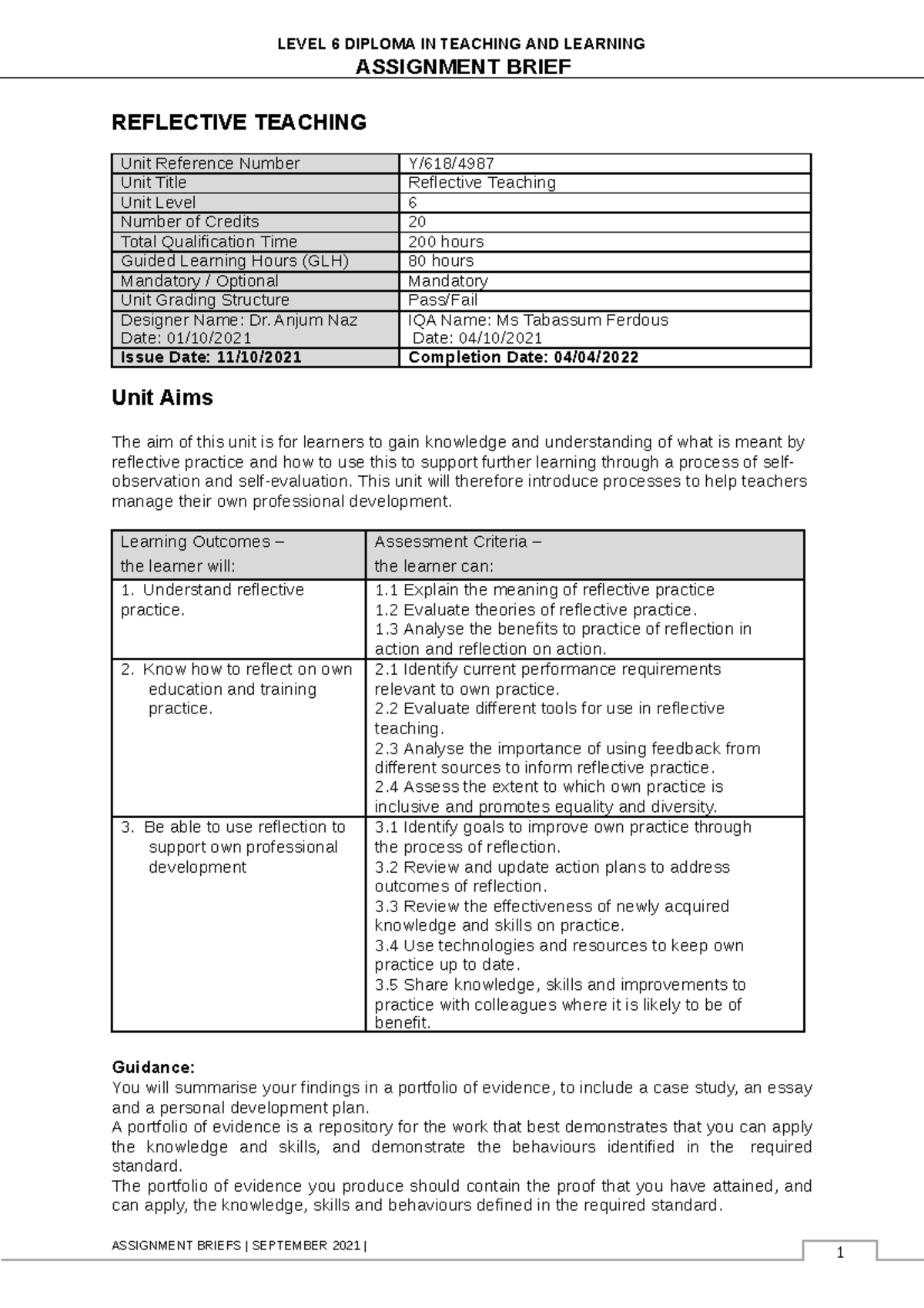 Reflective Teaching- Assignment Brief[ 2995] - REFLECTIVE TEACHING Unit ...