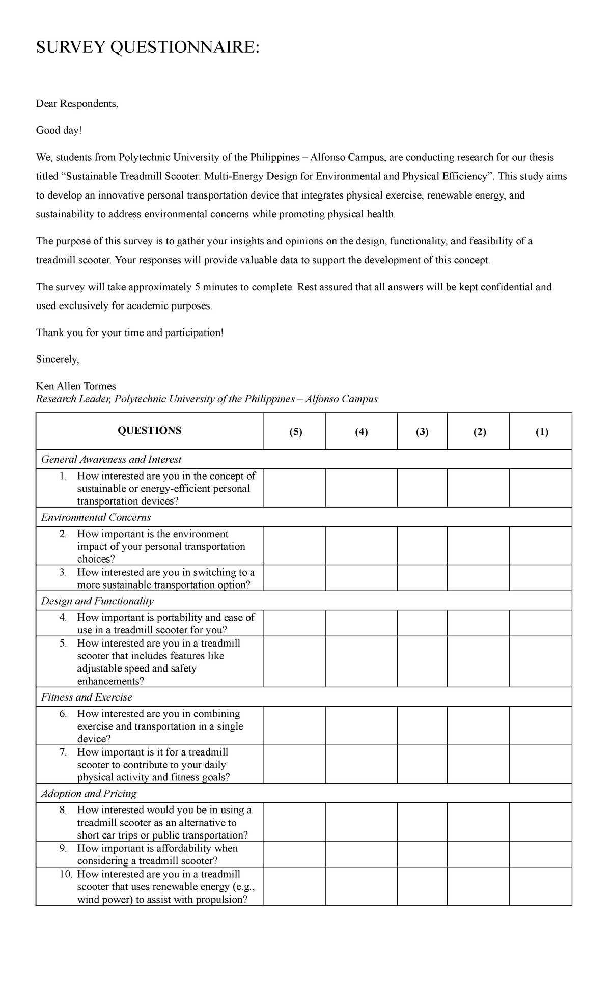 Survey Questionnaire - SURVEY QUESTIONNAIRE: Dear Respondents, Good day ...