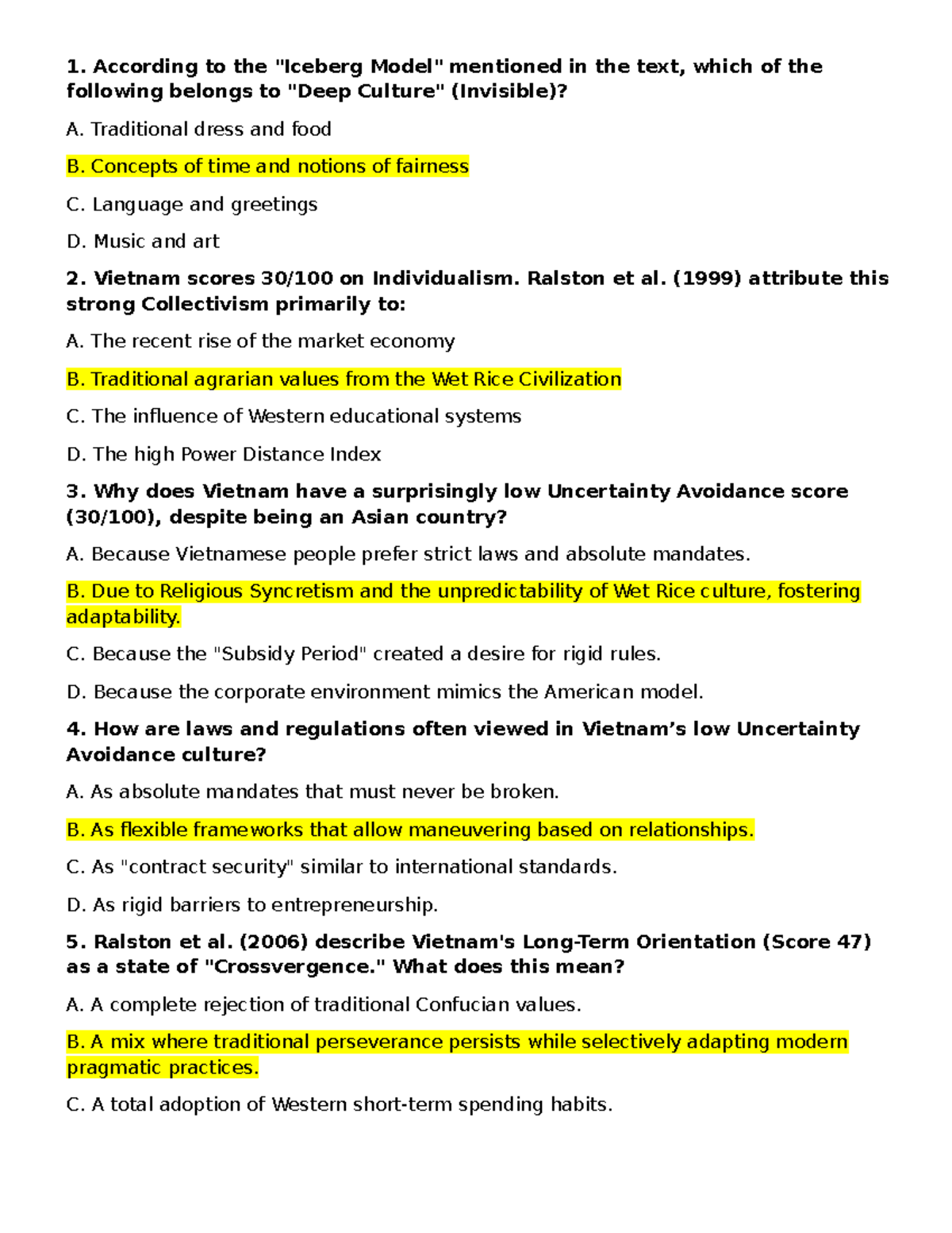 Quiz: Cultural Dimensions and Norms in Vietnam (Course Code: 1) - Studocu