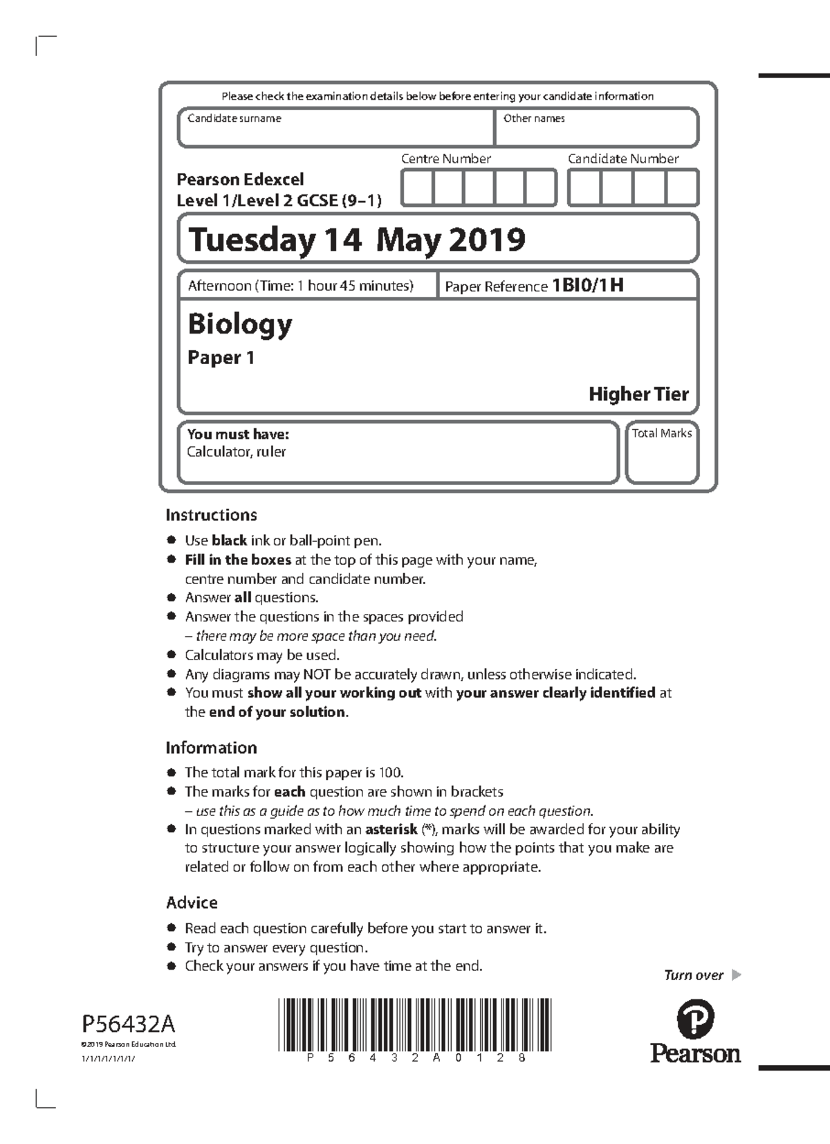 May 2019 - Biology Paper 1 Higher Tier Exam Details (GCSE) - Studocu