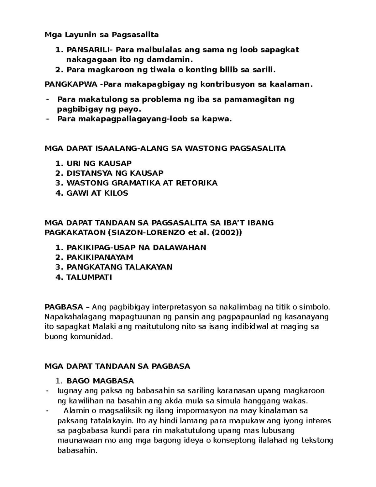 Mga Layunin at Dapat Tandaan sa Wastong Pagsasalita at Pagbasa - Studocu