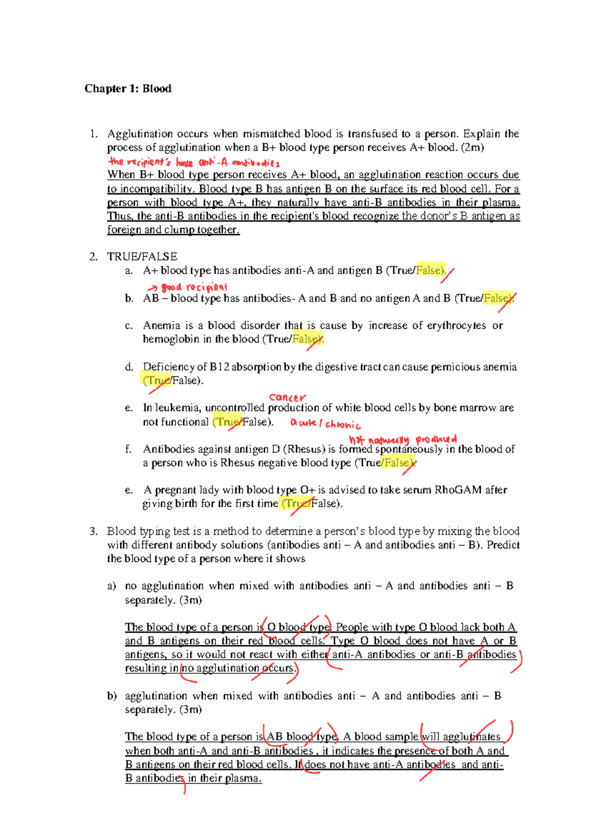 BIO310 Chapter 1 tutorial notes on blood and agglutination processes ...