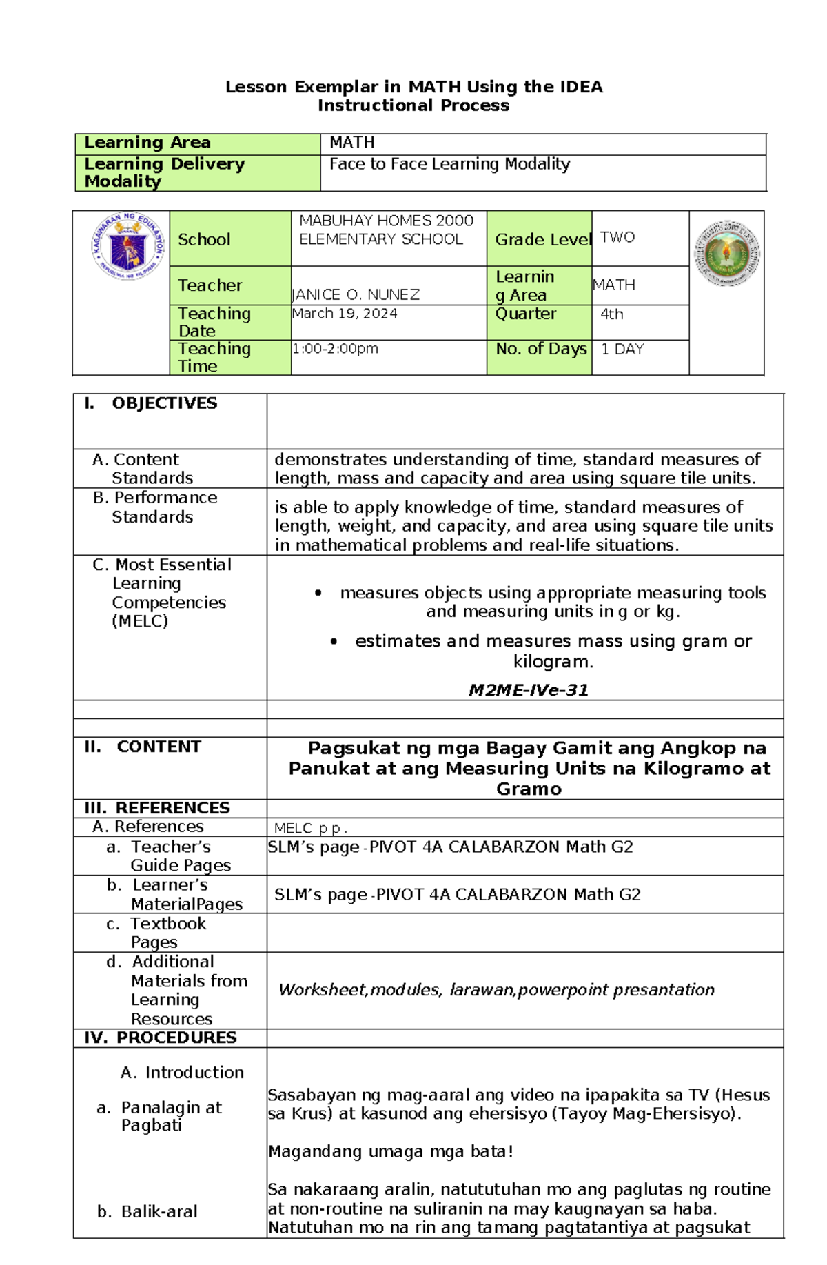 GRADE 2- MATH Q4 WEEK5 - Lesson Exemplar in MATH Using the IDEA ...