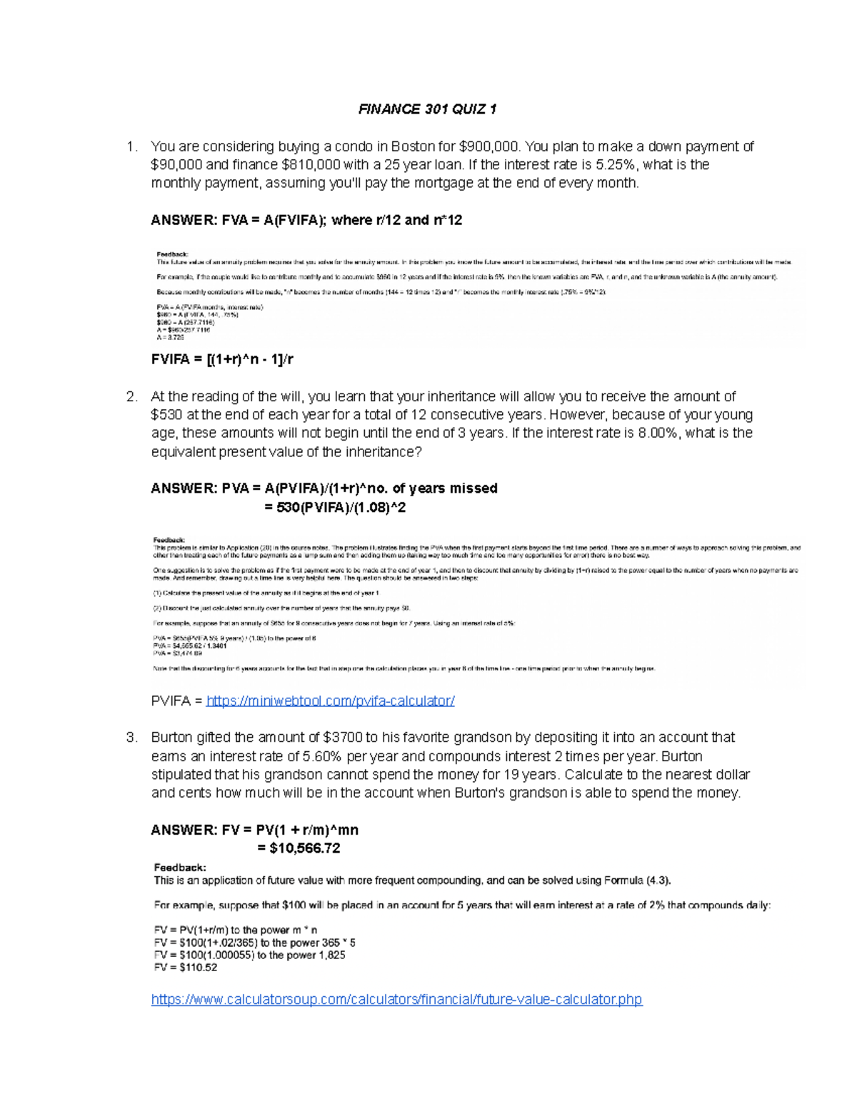 Finance 301 QUIZ 1 - Comprehensive Answers and Solutions - Studocu