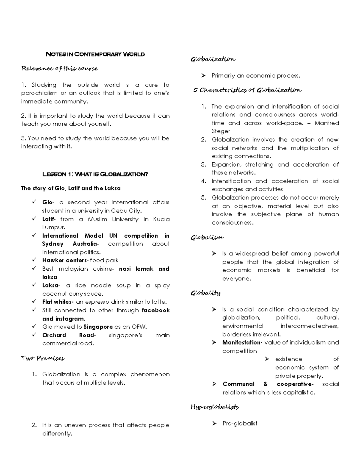 Contemporary World - Lecture Notes on Globalization and Governance ...
