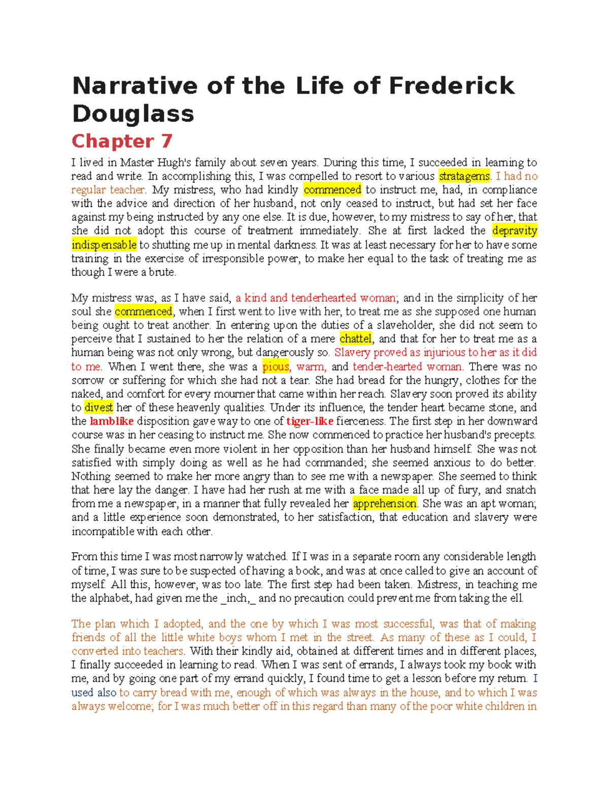 Narrative of the Life of Frederick Douglass: Chapter 7 Analysis - Studocu