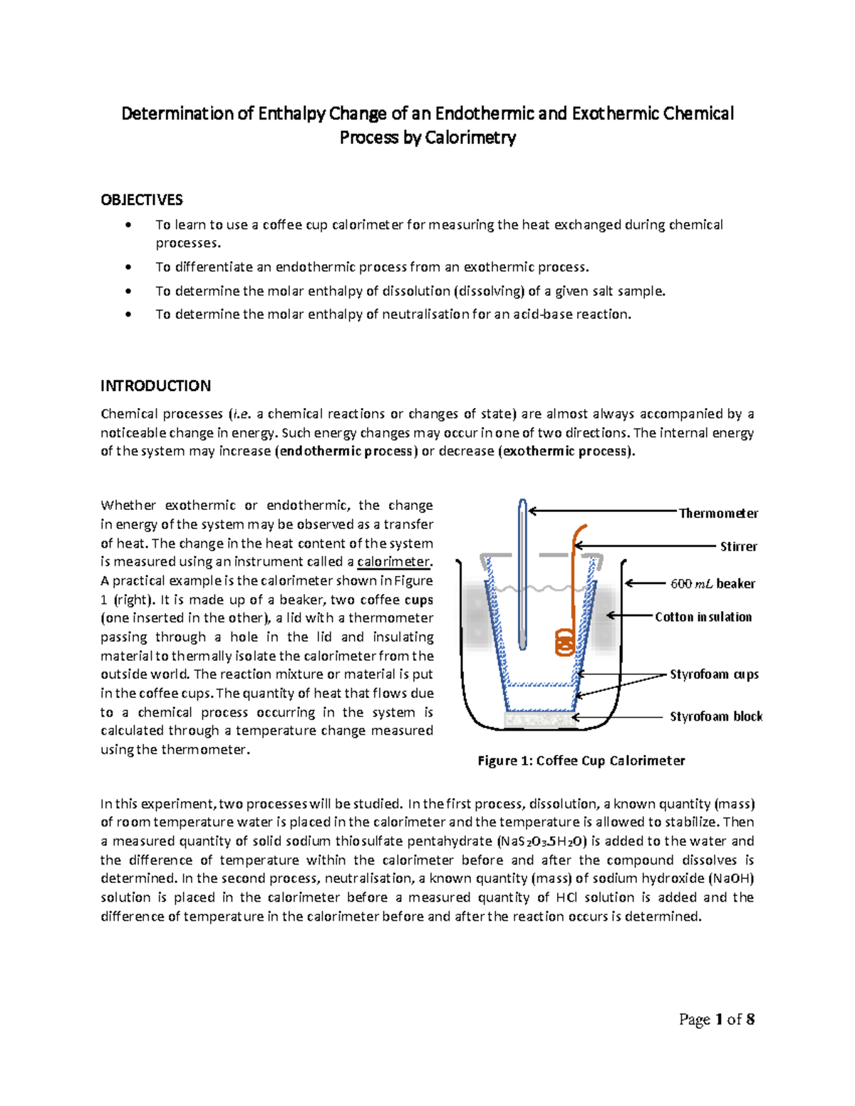Thermochemistry Experiment 2: Enthalpy Change in Endothermic ...
