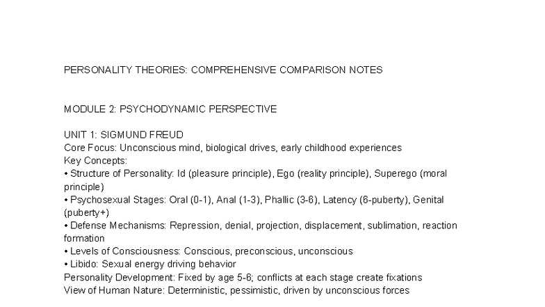 Personality Theories: Comprehensive Comparison Notes (Module 2) - Studocu