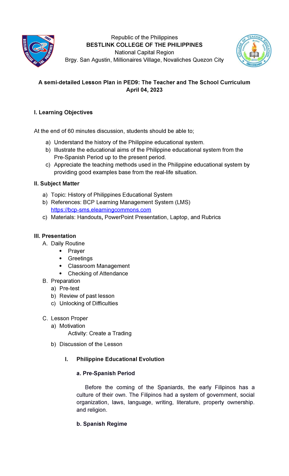 PED9 - LP - WEEK7 - lesson plan - Republic of the Philippines BESTLINK ...