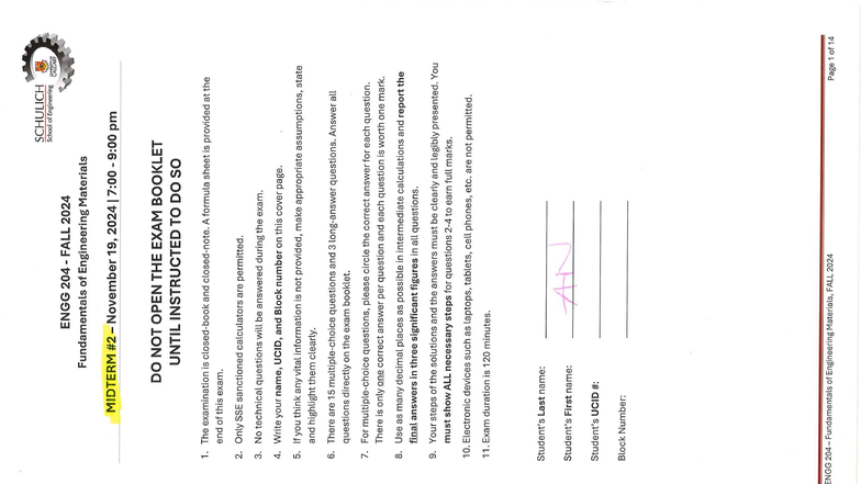 ENGG 204 FALL 2024 Midterm 2 Solutions - Fundamentals of Engineering ...