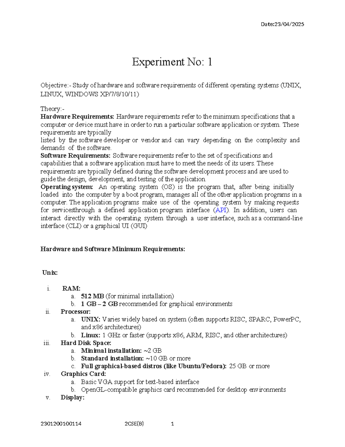 Experiment 1: Hardware & Software Requirements for OS (CSE ...