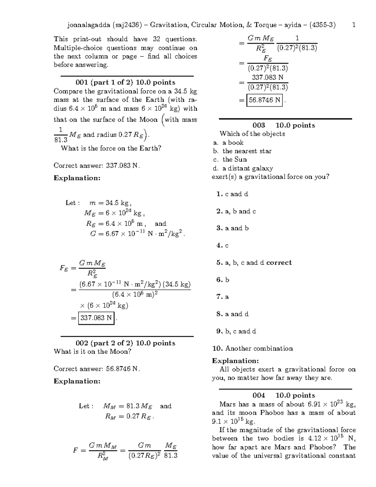 Quest: Gravitation, Circular Motion, Torque solutions - This print-out ...