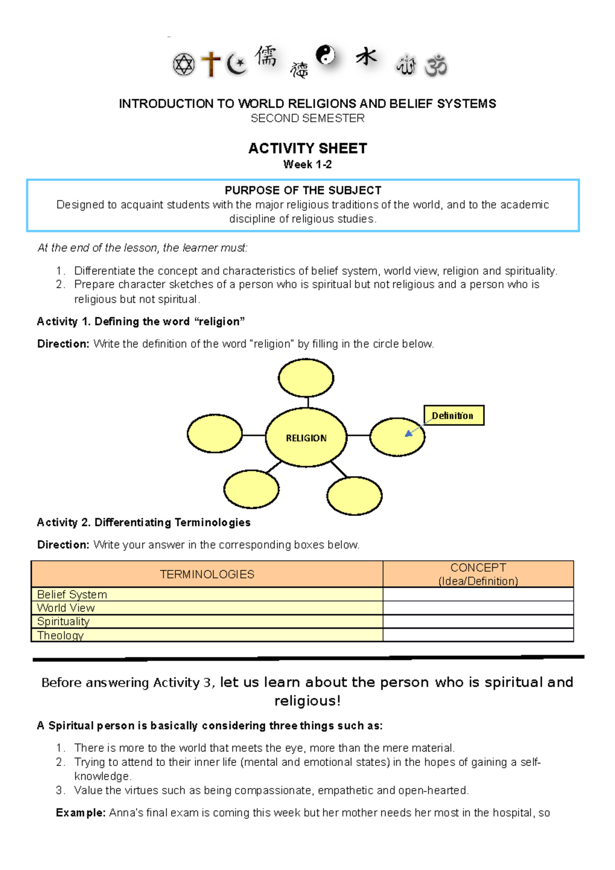 Activity Sheet on World Religions & Belief Systems: Weeks 1-4 Overview ...