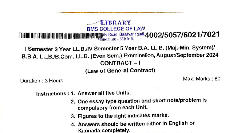B.A. LL.B. (Even Sem.) 2024 Contract Law Exam Question Paper - Studocu