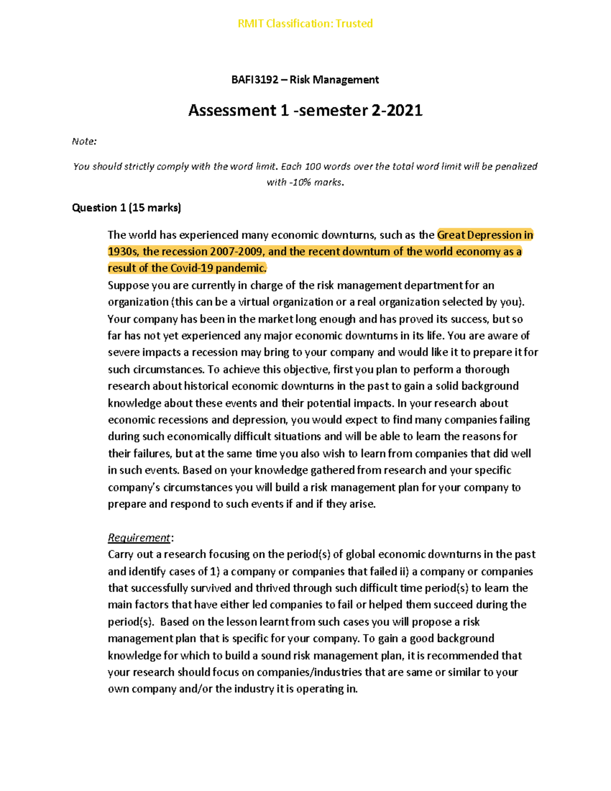 Risk Management Assignment 1 questions Sem B 2021 - RMIT Classification ...