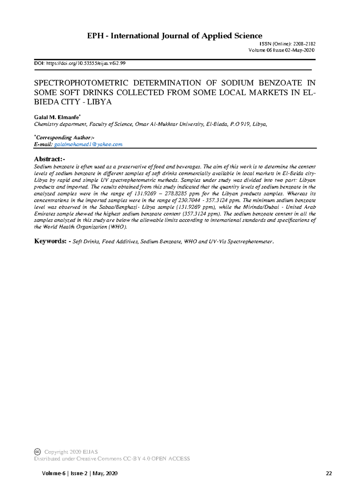 Spectrophotometric Analysis of Sodium Benzoate in Soft Drinks (CHEM 101 ...