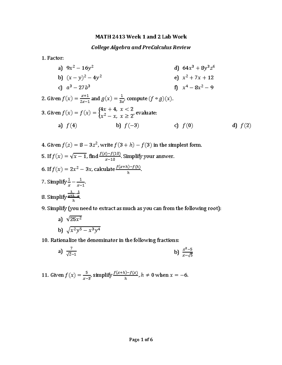 Week1and2expractice - Extra practice - MATH 2413 Week 1 and 2 Lab Work ...