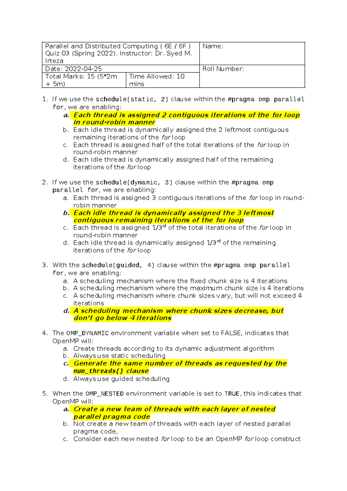 PDC 6E 6F Quiz 03 Solutions (Spring 2022) - Studocu