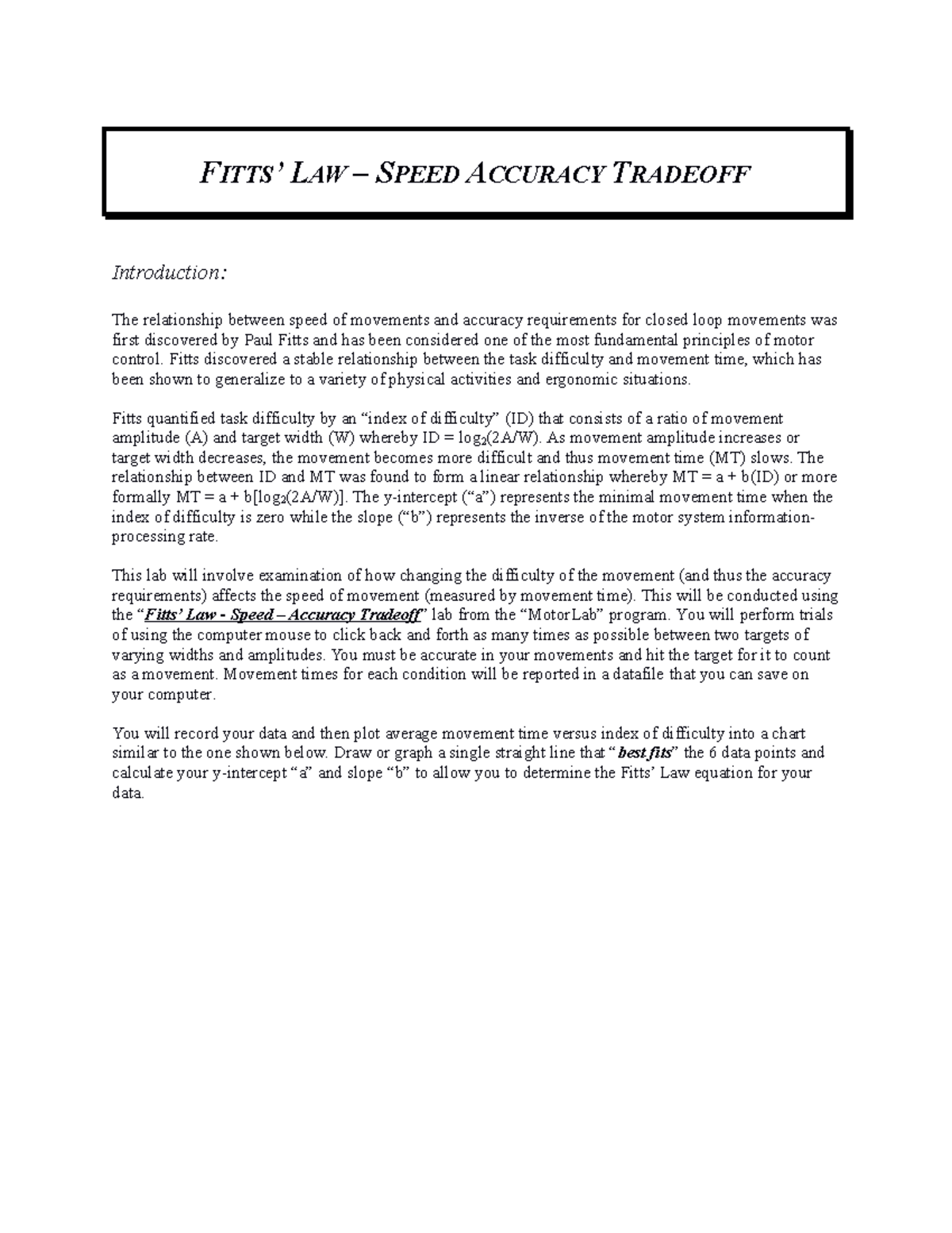 Fitts' Law - Speed-Accuracy Tradeoff Lab (MotorLab Activity) - Studocu